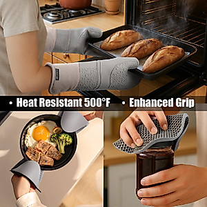 Rorecay Extra Long Oven Mitts and Pot Holders Sets: Heat Resistant Silicone Oven Mittens with Mini Oven Gloves and Hot Pads Potholders for Kitchen Baking Cooking, Quilted Liner, Gray, Pack of 6