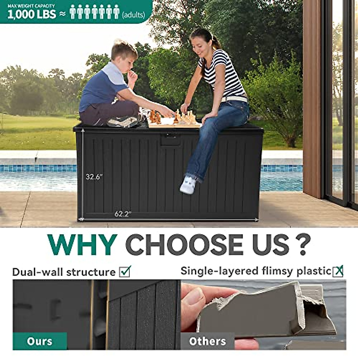 YITAHOME XXL 230 Gallon Large Deck Box,Outdoor Storage for Patio Furniture Cushions,Garden Tools and Pool Toys with Flexible Divider,Waterproof,Lockable (Black)