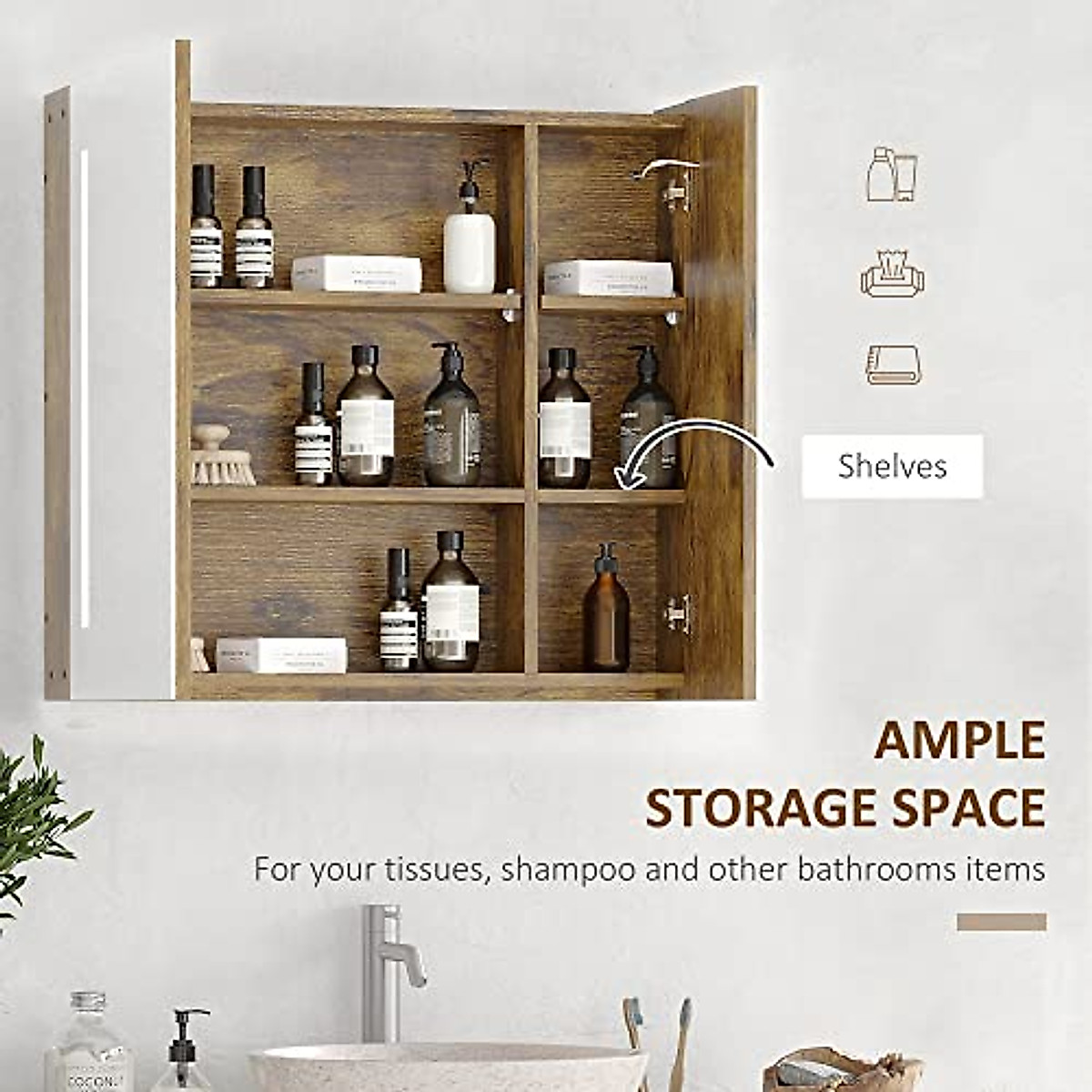 kleankin 27.5 Inch x 25.5 Inch LED Lighted Medicine Cabinet with Mirror, Wall Mounted Dimmable Bathroom Cabinet with 3-Tier Storage Shelves, Smart Touch, and USB Charge, Dark Wood Grain