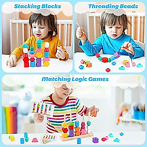 Montessori Wooden Beads Sequencing Toy Set, Stacking Blocks & Lacing Beads & Matching Shape Stacker, Montessori Toys for 2 3 4 5 Year Old STEM Preschool Learning Toys Gifts for Kids Boy Girl Toddler