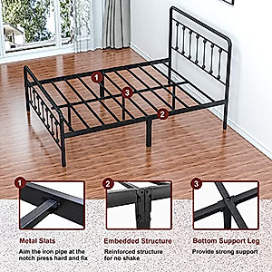 Noillats Metal Queen Bed Frame, Vintage Headboard and Footboard, Sturdy Steel Strip Support Mattress Base, No Box Spring Required, Easy to Assemble, Steel Grey