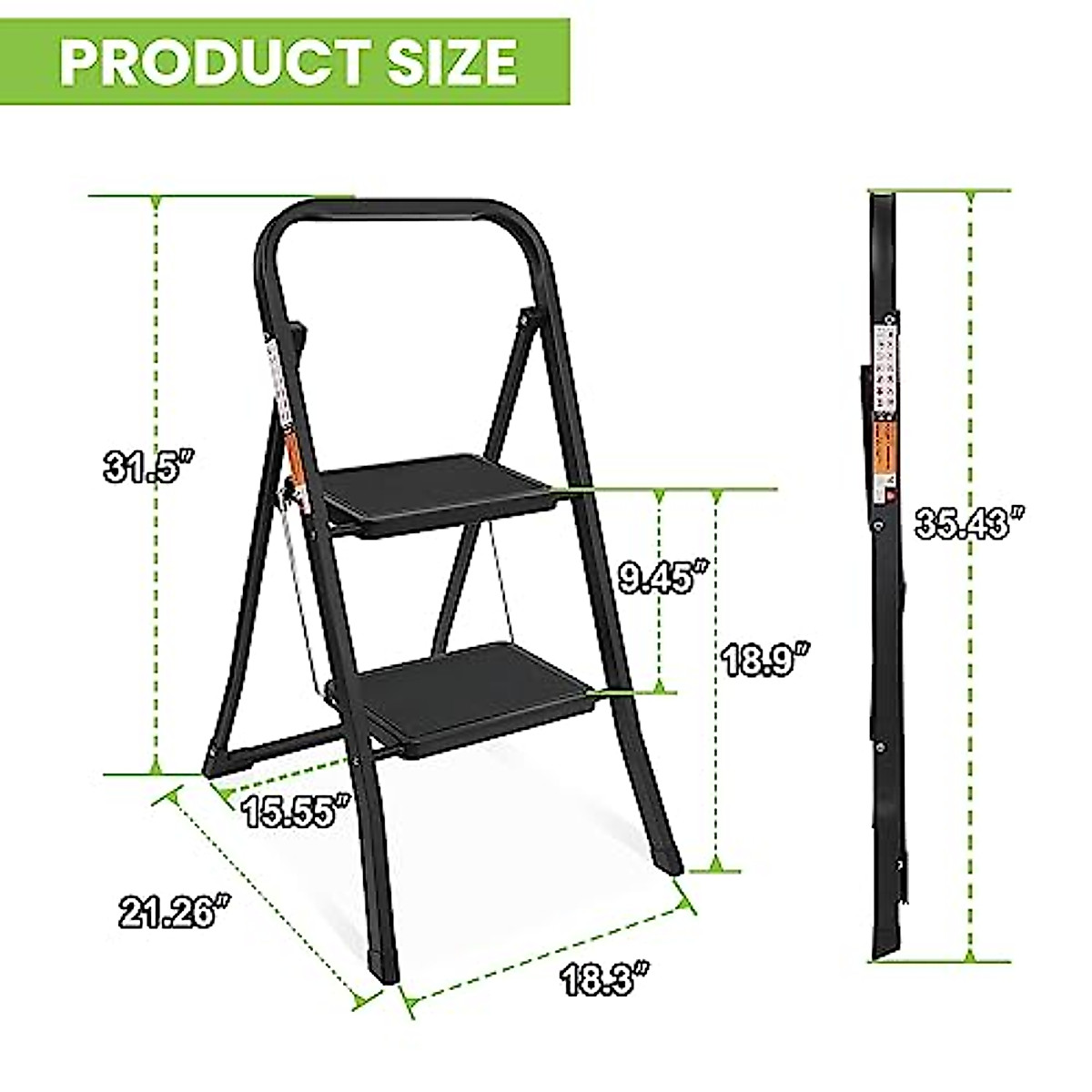 2 Step Ladder, SPIEEK Folding Step Stool with Wide Anti-Slip Pedal, 330lbs Capacity Portable Lightweight Ladders for Home Kitchen Outdoor, Black