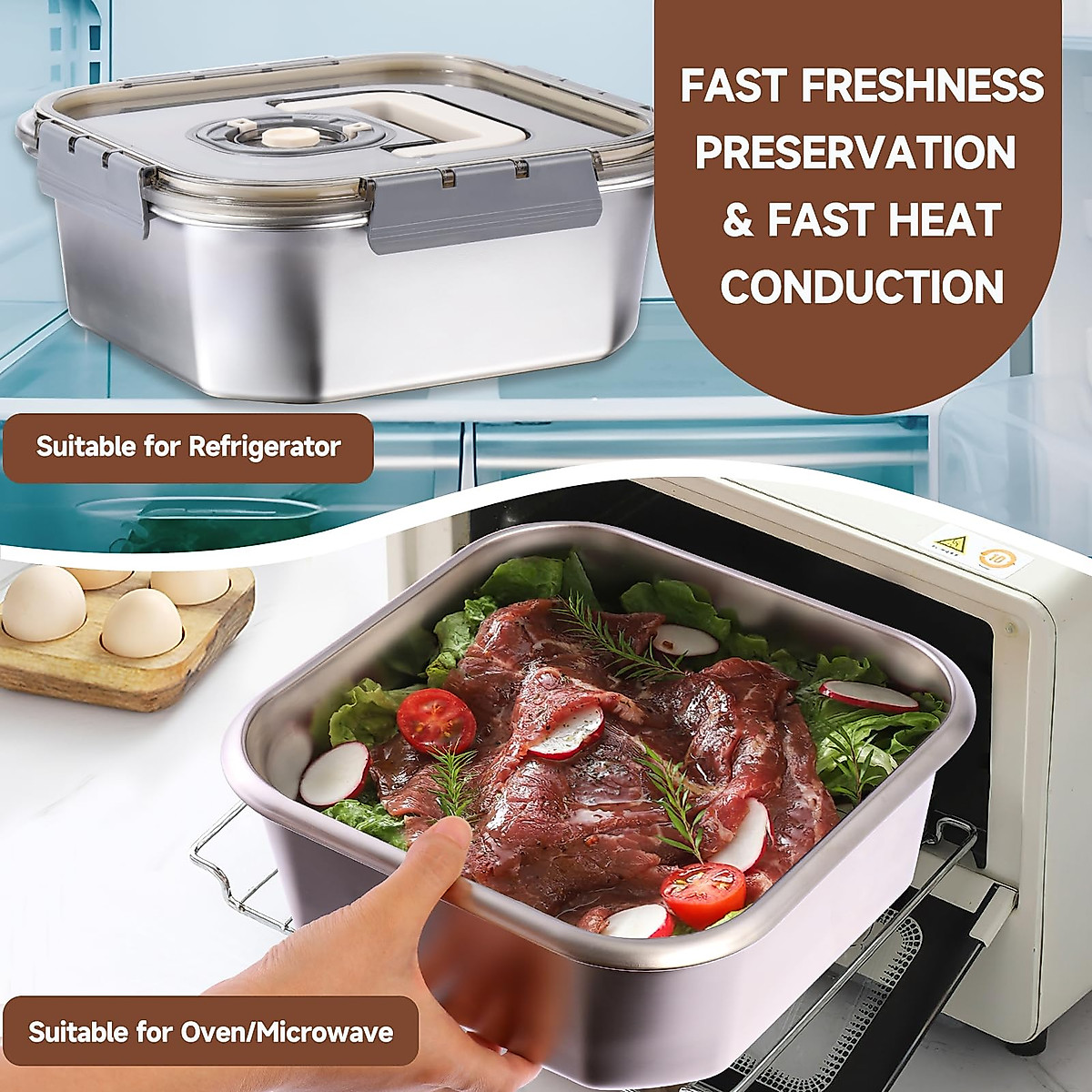 Fzaqwen Stainless Steel Food Storage Containers - 304 Square Refrigerator Organizers with Handle Airtight Lids Meal Prep Reusable Metal Pantry for Fruit Salad - Keep Fresh Save Date 118oz