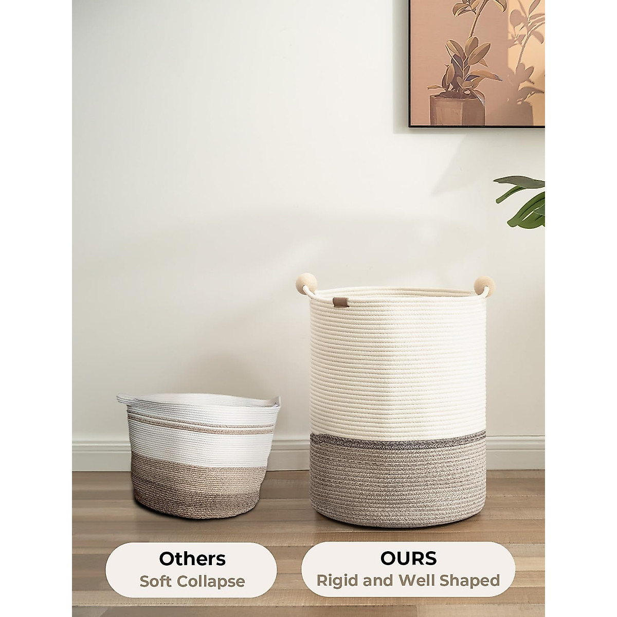 StorageWorks 58L Cotton Rope Laundry Basket with Wooden Beads Handles, Woven Basket for Storage, Dirty Clothes, Kids Toys, Towels, White & Light Brown