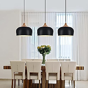 POLITAMP Modern Pendant Lights,Wooden Dome Pendant Light Fixture,Adjustable Hanging Pendant Lighting Chandelier Lamp for Kitchen Island,Dining Room,Hallway,Foyer,Bedroom(Black)