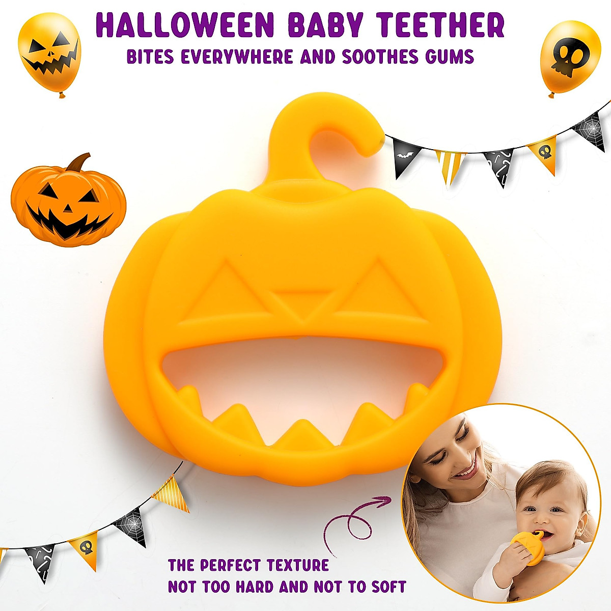 Halloween Teething Toys, Soft Silicone Baby Soothing Teether Chew Toys for Toddlers, Treat or Trick Stocking Stuffers Bags Gifts