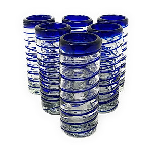 Dos Sueños Hand Blown Mexican Tequila Shot Glasses – Set of 6 Blue Spiral Tequila Shot Glasses (2 oz each) …