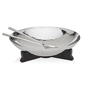 Godinger Hammered Salad Bowl with Wooden Base & Server, Silver