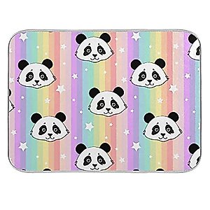 Cartoon Panda Rainbow Stripe Dish Drying Mat Counter Mats for Kitchen Dish Drainer Tray Heat Resistent Mat Terry Cloth Dish Drying Mat 18 x 24