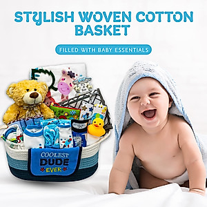 Bundle of Joy Deluxe Baby Boy Gift Set, Baby Layette Set with 25-Piece New Baby Essentials, Baby Gift Basket for Expecting Moms, Blue - Nikki’s Gift Baskets