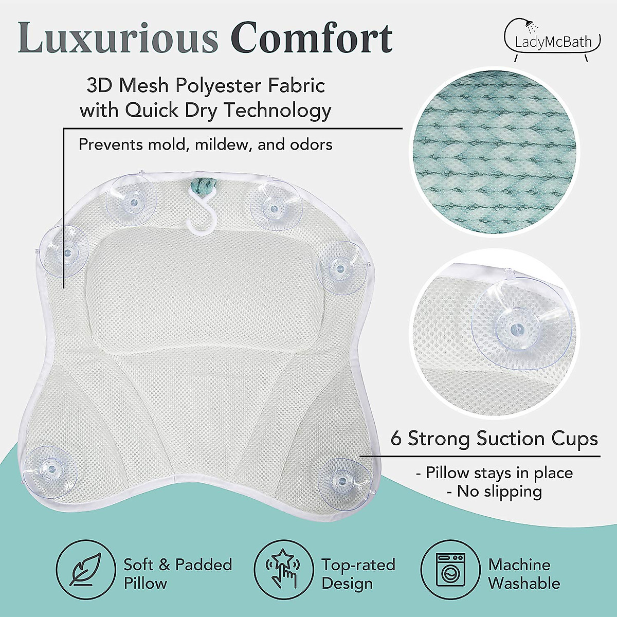 Lady McBath Bath Pillow - Luxury Bath Pillows for Tub Neck and Back Support - Powerful Suction Cups, Machine Washable Bathtub Accessory for Relaxation (Turquoise)