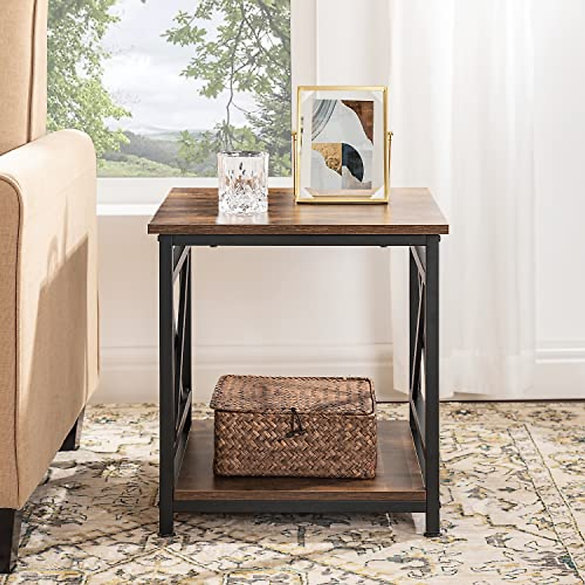 KSWIN Industrial End Table Side Table with 2-Tier Storage Shelf, 18'' Square Nightstand Bedside Table X-Design Metal Frame for Living Room Bedroom, Rustic Brown