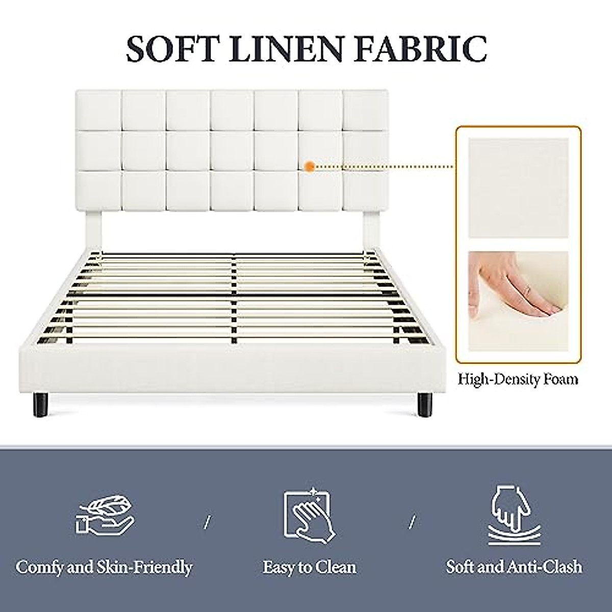 Yaheetech Queen Upholstered Bed Frame, Platform Bed Frame with Square Tufted Fabric Headboard Height Adjustable, Wooden Slats Support, No Box Spring Needed, Beige