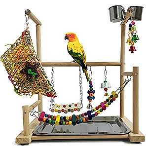 kathson Parrot Playstand Bird Playground Conures Play Stand Wood Perch Gym Playpen Ladder Parakeets Cage Accessories Exercise Toys with Swings Feeder Cups for Cockatoos Lovebirds