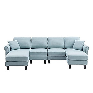 TRIPLE TREE Modern Large Linen Fabric U-Shape Accent Sofa, Modular Couch 4-Seat Sofa Sectional with Reversible Ottomans for Apartment Living Room Furniture Sets, Weight Capacity 800 LBS, Light Blue