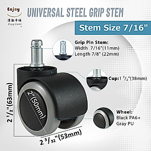 Enjoy Caster | 2 Inch Office Chair Casters for Hardwood Floors | Dual Injection Polyurethane Wheels for Floor Protection | Universal Stem Size 7/16" Office Chairs (5007BUB-38)