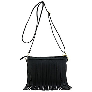 FashionPuzzle Small Fringe Crossbody Bag with Wrist Strap (Black)