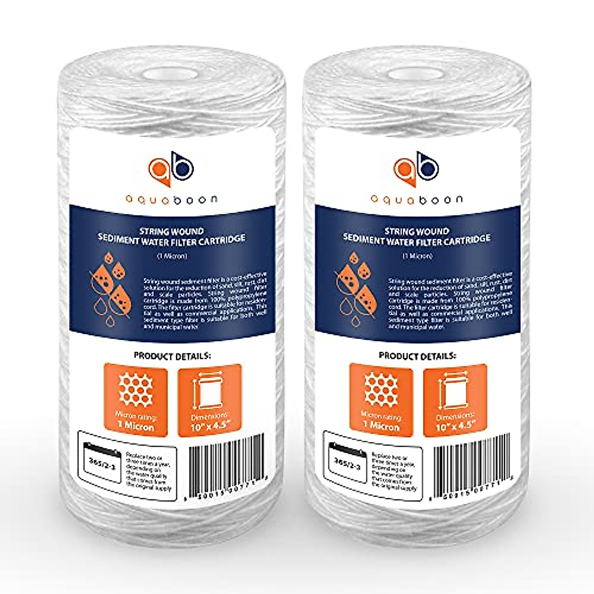 Aquaboon 2-Pack of 1 Micron 10" Sediment Water Filter Replacement Cartridge & Aquaboon 2-Pack String Wound Sediment Water Filter Cartridge | Universal Whole House 1 Micron 10 inch Cartridges