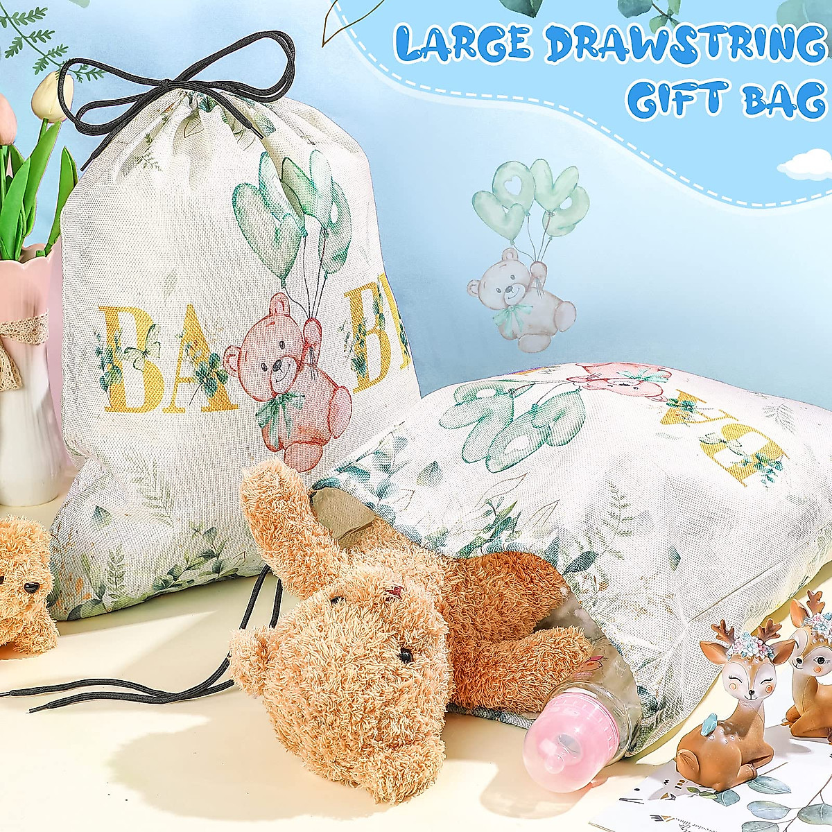 2 Pieces Large Gift Bag with Drawstring Large Canvas Gift Bags Heart Print Drawstring Present Wedding Bags Wrapping Reusable Bag Present Wrap Bags for Christmas, 20 x 16 in (Green,Baby)