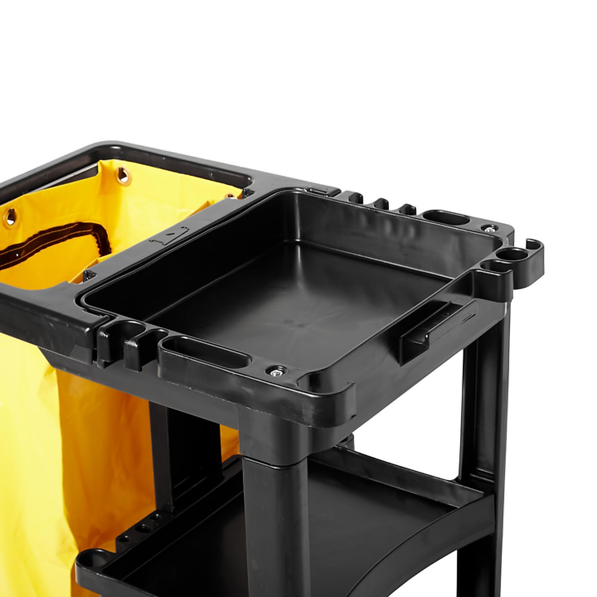 Rubbermaid Commercial Traditional Janitorial 3-Shelf Cleaning Cart, Wheeled with Zippered Yellow Vinyl Bag, for Stores, Schools, and Business, Black , 38.4" x 21.8" x 46" (FG617388BLA)