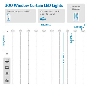 TDA Curtain String Light, 300 LED USB Powered Window Curtain String Light Outdoor Indoor Decorative for Christmas, Holiday, Party, Wedding, Garden, Patio Decoration (Cool White)