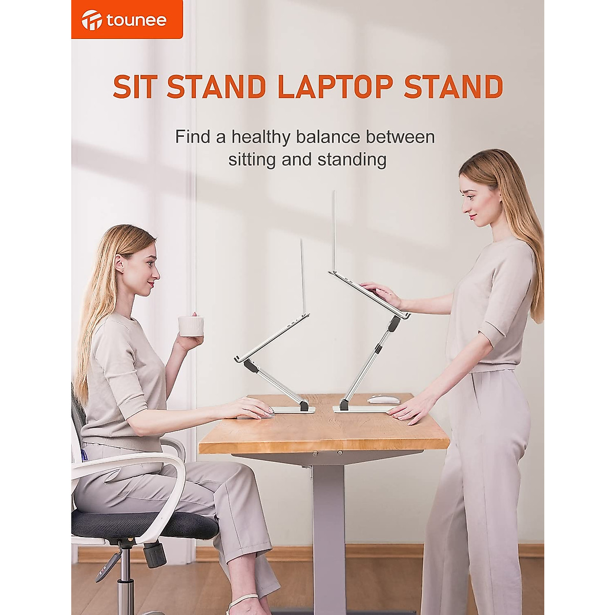 Ergonomic Laptop Stand for Desk, Sit to Stand Laptop Riser, Adjustable Height up to 21", Standing Computer Stand, Promote Healthy Posture Compatible with MacBook Air Pro, All Laptops 10-17"-Silver