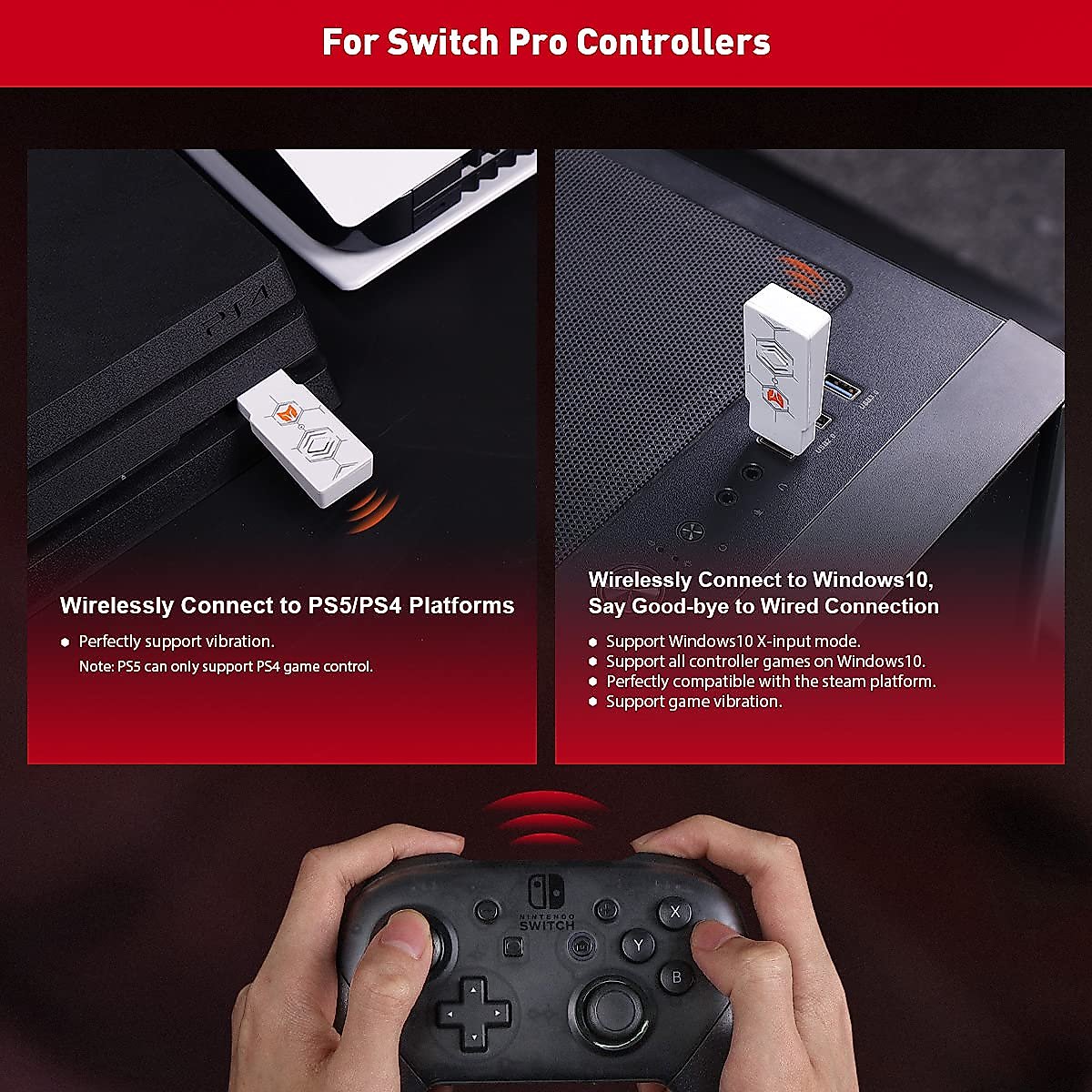 Controller Adapter, BIGBIG WON Wireless Bluetooth Controller Adapter for Xbox One X|S/Elite Series 2/PS5/PS4/Switch Pro Wireless Console Adapter for PS5/PS4/Switch/Windows 10 PC with a OTG Cable (1pc)