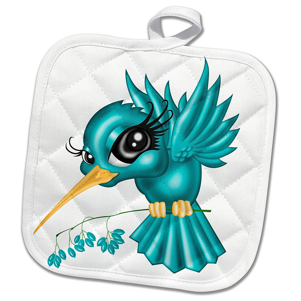 3dRose Pretty Turquoise Glamour Hummingbird Illustration - Potholders (phl-360381-1)