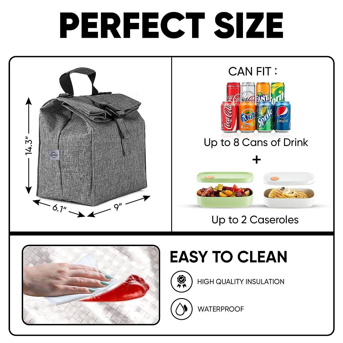 WISHBAX Collapsible Maximum Insulated Lunch Bag for Men & Women, Lightweight Cooler Insulated Lunch Box for Men & Women, Leakproof, Waterproof, Stain-Resistant Adult Lunch Boxes for Men