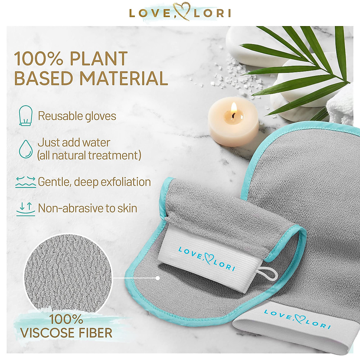 LOVE, LORI Exfoliating Glove (Set of 2) - 100% Viscose Fiber Exfoliating Mitt - Dead Skin Remover for Body, Keratosis Pilaris & Self Tanning - Improve Skin Texture - Self Care Gifts for Women
