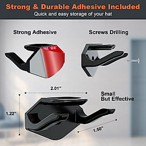 KOVSPO Adhesive Hat Hooks for Wall (16-Pack), Hat Rack for Baseball Caps, Strong Hat Organizer, Minimalist Hat Display, Hat Hangers for Wall (Black)