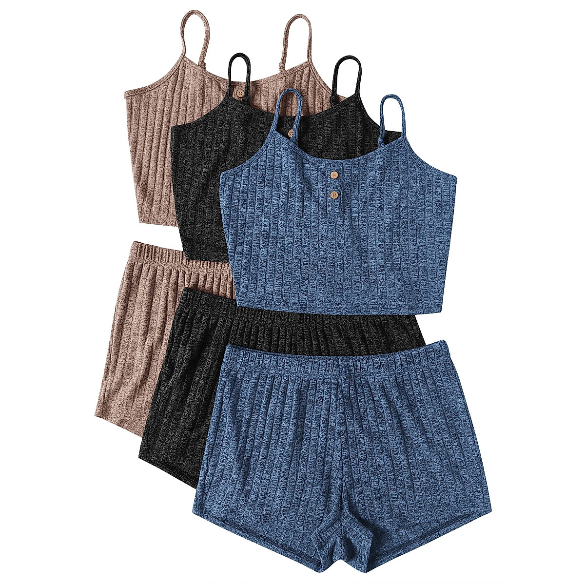 Ekouaer 3 Sets for Women Ribbed Pajamas Crop Cami Top and Shorts Pjs Casual Sleeveless Button Lounge Set Sleepwear Khaki/Black/Plain Blue,X-Large