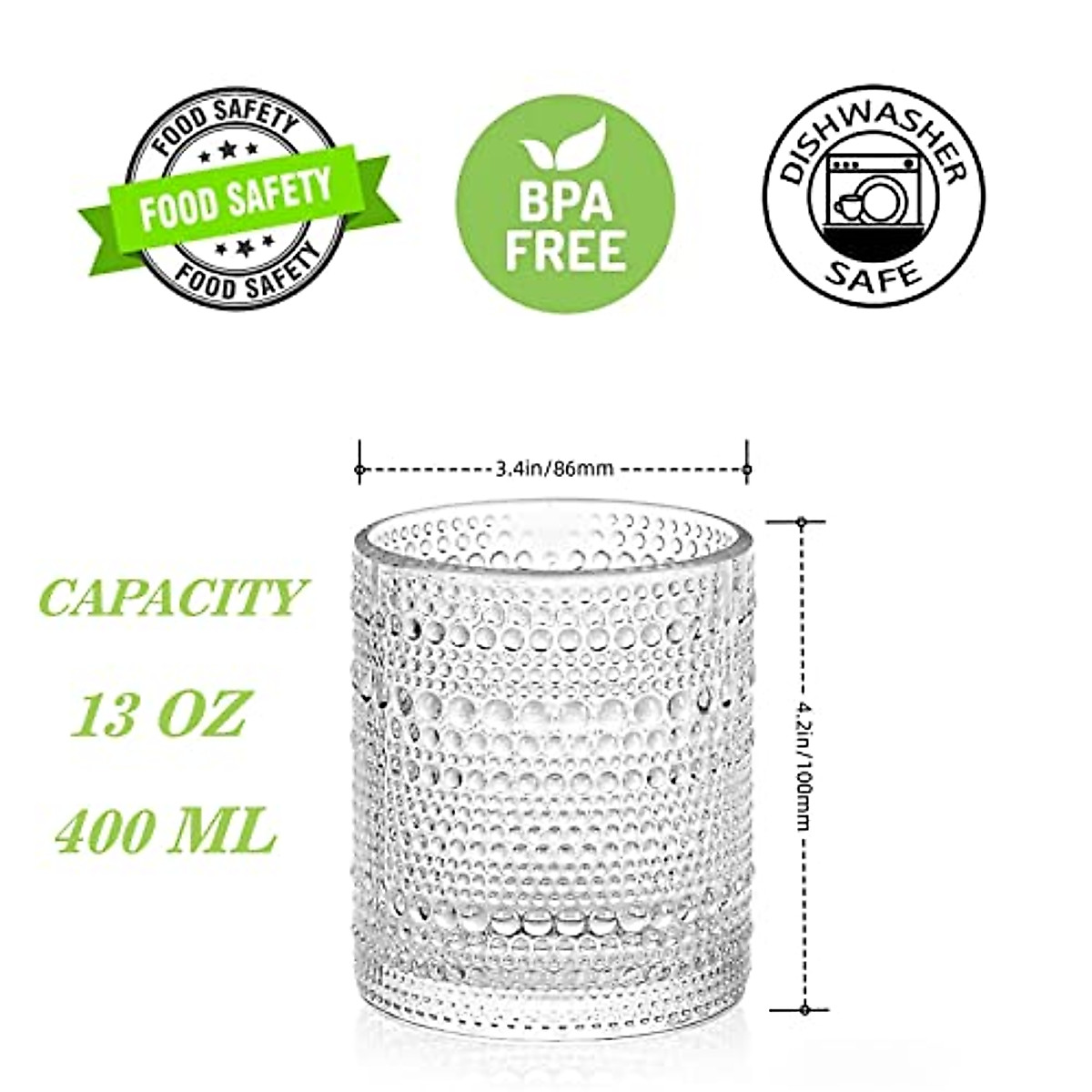 Amzcku Vintage Drinking Glass Set of 6 Kitchen Glasses Cup（13 OZ），for Water，Cocktail，Milk，Juice and Beverage.…