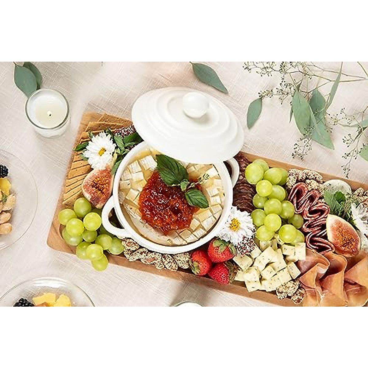 Stoneware Brie Cheese Baking Dish and Warmer with Lid - Oven Safe - Great for Charcuterie Board and Grazing Table Accessories - Perfect for Camembert, Baked Brie, Fondue, Dip - Oven Safe Ceramic Crock