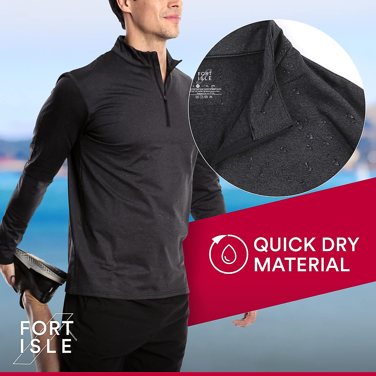 Fort Isle Mens Quarter Zip Long Sleeve Pullover Shirt - 1/4 Zip Pullover Mens | Performance Quarter Zip Pullover Men Dark Gray