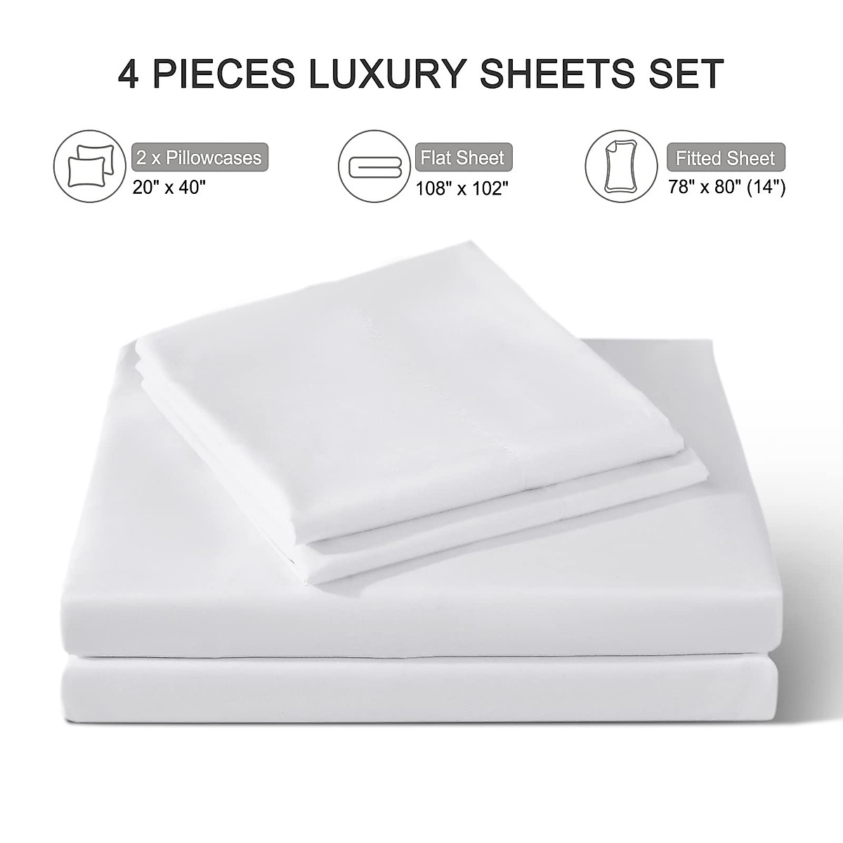 ILAVANDE Luxury 4 Piece White Microfiber King Sheets Set - Super Soft 1800 Series, 14" Deep Pockets, Wrinkle & Fade Resistant for King Size Beds
