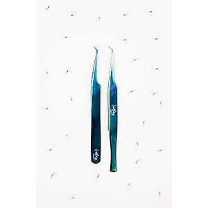 LivBay Lash - Blue Magic Mike Eyelash Stainless Steel Tweezer for Volume Lash Extensions | Curved Tip | False Lash Applicator Tool (Professional Use Only)