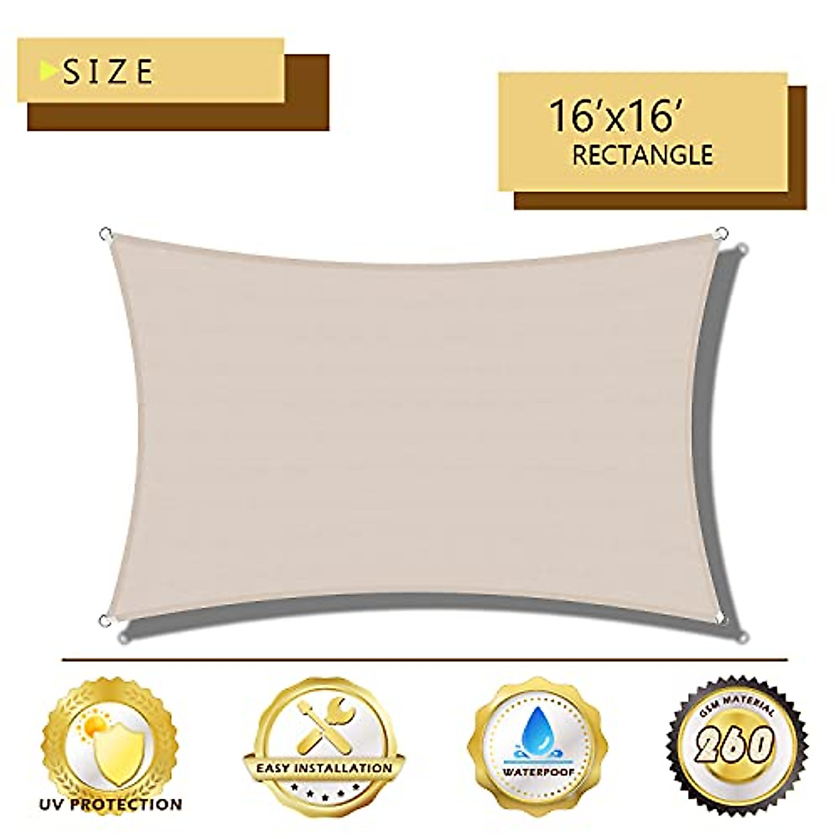 Coarbor Waterproof Sun Shade Sail Rectangle Perfect for Patio Outdoor Garden Custom Beige 16'x 16'