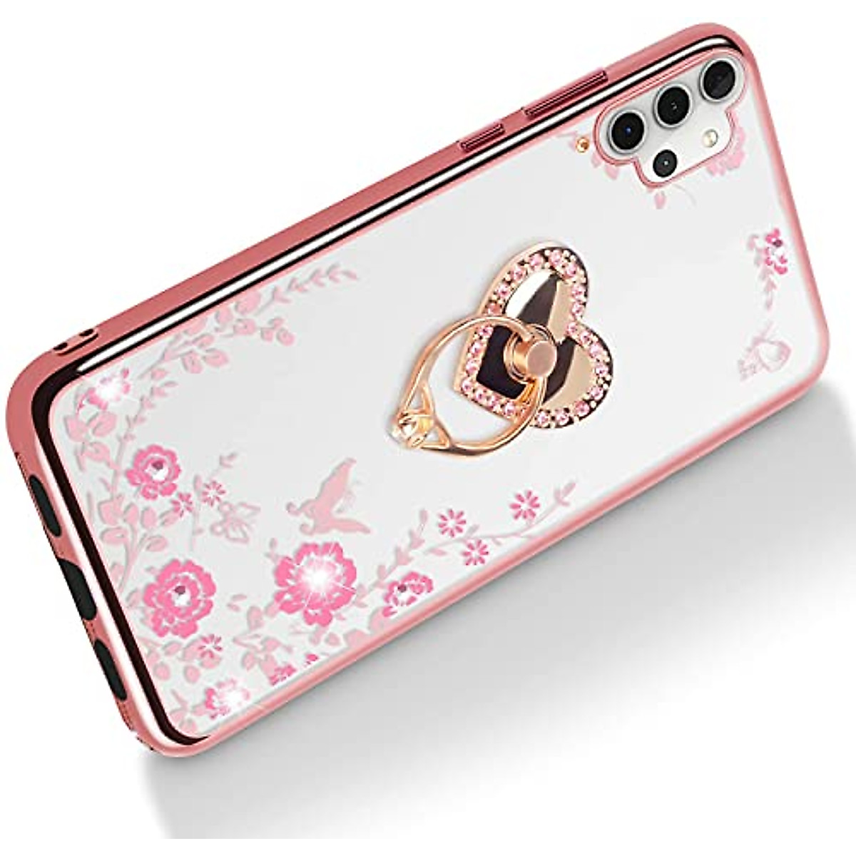 for Samsung Galaxy A32 5G Phone Case, Glitter Crystal Butterfly Heart Floral Slim TPU Luxury Bling Diamond Rhinestone Cute for Girls Women Case with Ring Stand+Strap for Galaxy A32 5G-Rose Gold