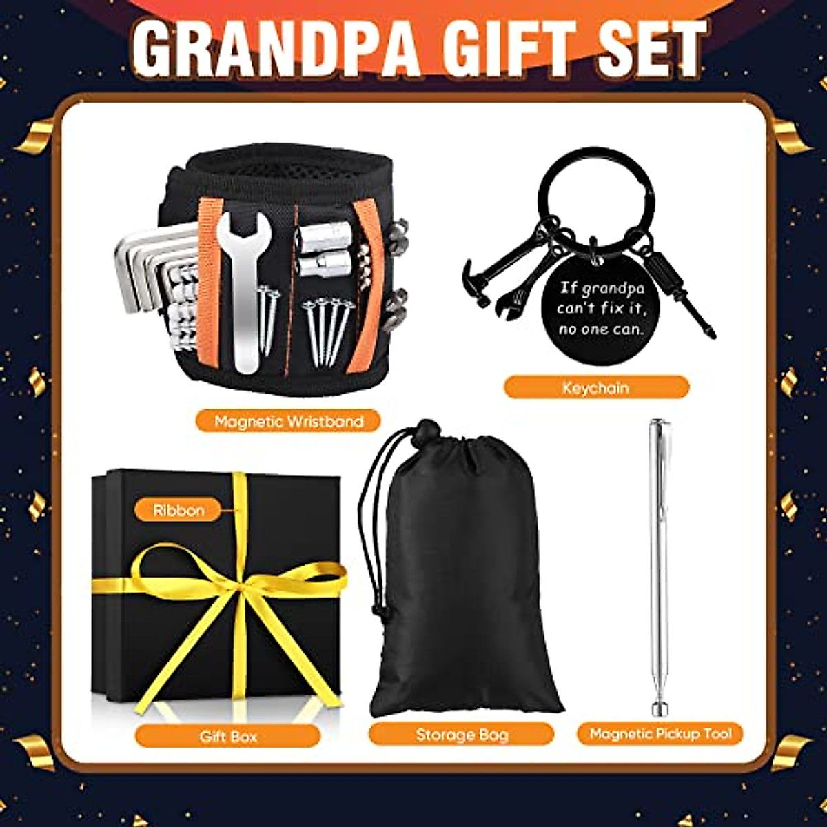 5 Pcs Magnetic Wristband Tools Set Gifts for Men Christmas Stocking Stuffers 1 Magnetic Wristband to Hold Screw Nail 1 Keychain 1 Pick up Tool 1 Gift Bag 1 Gift Box Cool Gadget Birthday Gift (Grandpa)