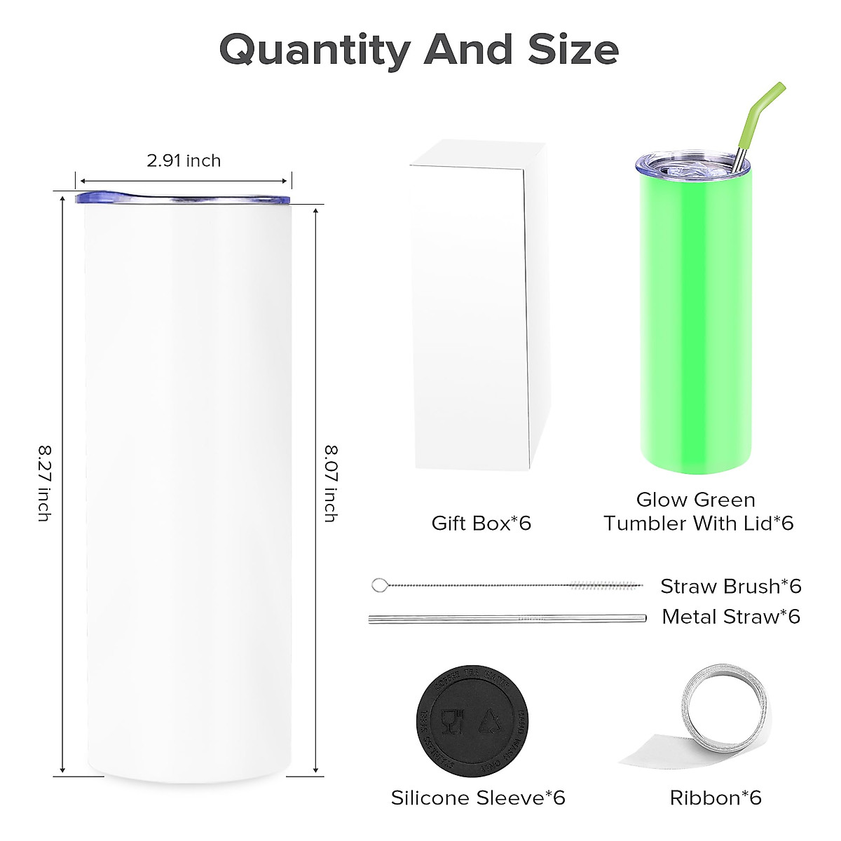 FASTSUB Sublimation Tumblers 20 oz Blank Bulk Luminous Cups Glow in the Dark Straight Stainless Steel Double Wall Vacuum Insulated with Lids and Straws for Tumbler Heat Press Glow Green 6 Pack