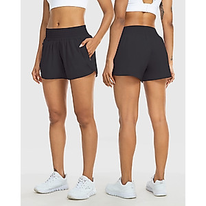YEZII Athletic Shorts for Women with Pockets High Waist Running Workout Shorts Gym Yoga White Summer Shorts Black-L