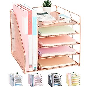 LEKETREE Desk Organizers and Accessories, 5-Tier Paper Letter Tray Organizer with File Holder, Office Supplies for Women, Desk Accessories & Workspace Organizers(Rose Gold)