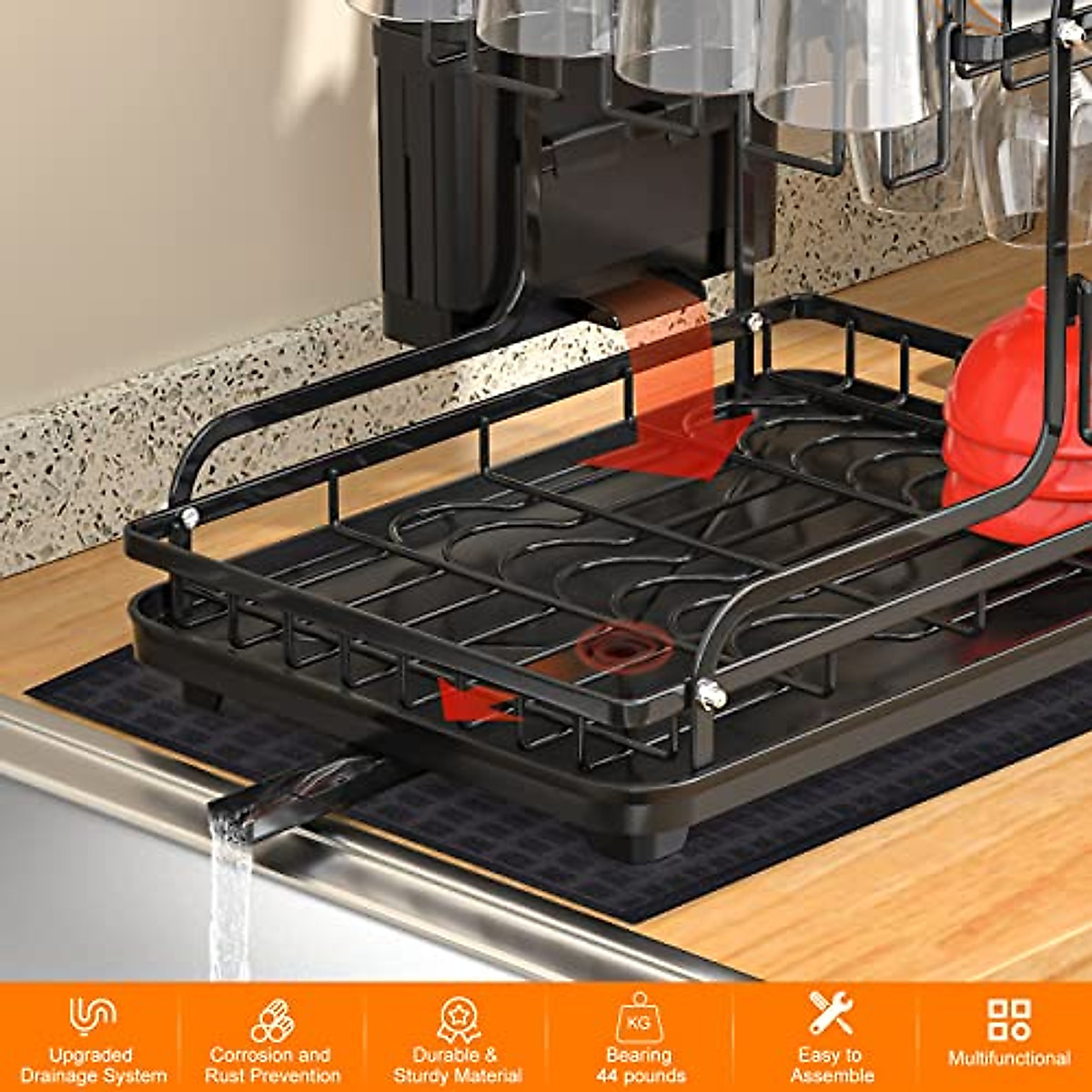 Stofiro Dish Drying Rack with Drainboard, 2 Tier Dish Racks for Kitchen Counter, Multifunctional Dish Drainer, Large Dish Drying Rack with Drying Mat, Kitchen Drying Rack with Wine Glass Holder, Black