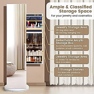CHARMAID 65.5" H Jewelry Armoire with Full Length Mirror and Clothes Rack, Slide-Out Jewelry Cabinet with 3-Color LED lights, Rear Shelves, Hanging Rods, 360° Swivel Jewelry Organizer Storage (White)