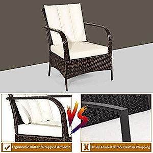Tangkula 3 Piece Patio Furniture Set, 2 Wicker Chairs with Glass Top Coffee Table, Outdoor Garden Porch Poolside Furniture Set for 2, Rattan Conversation Set (Cream)