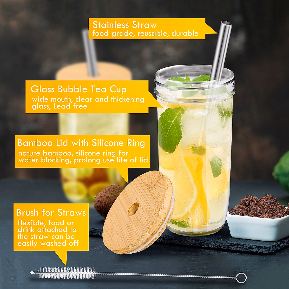 4 Pack Glass Cups with Lid and Straw, 24oz Boba Tea Cups, Wide Mouth Smoothie Cups, Reusable Drinking Glasses with Bamboo Lids for Beer, Boba Tea, Juice, Smoothie