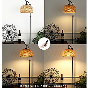Bamboo Floor Lamp Rattan for Living Room,Bedroom,Farmhouse,Boho Standing Lamp with Control and Dimmable Bulb,Hand-Worked Woven Lamp Shades,Black Industrial Floor Light Adjustable Corner Tall Lamp