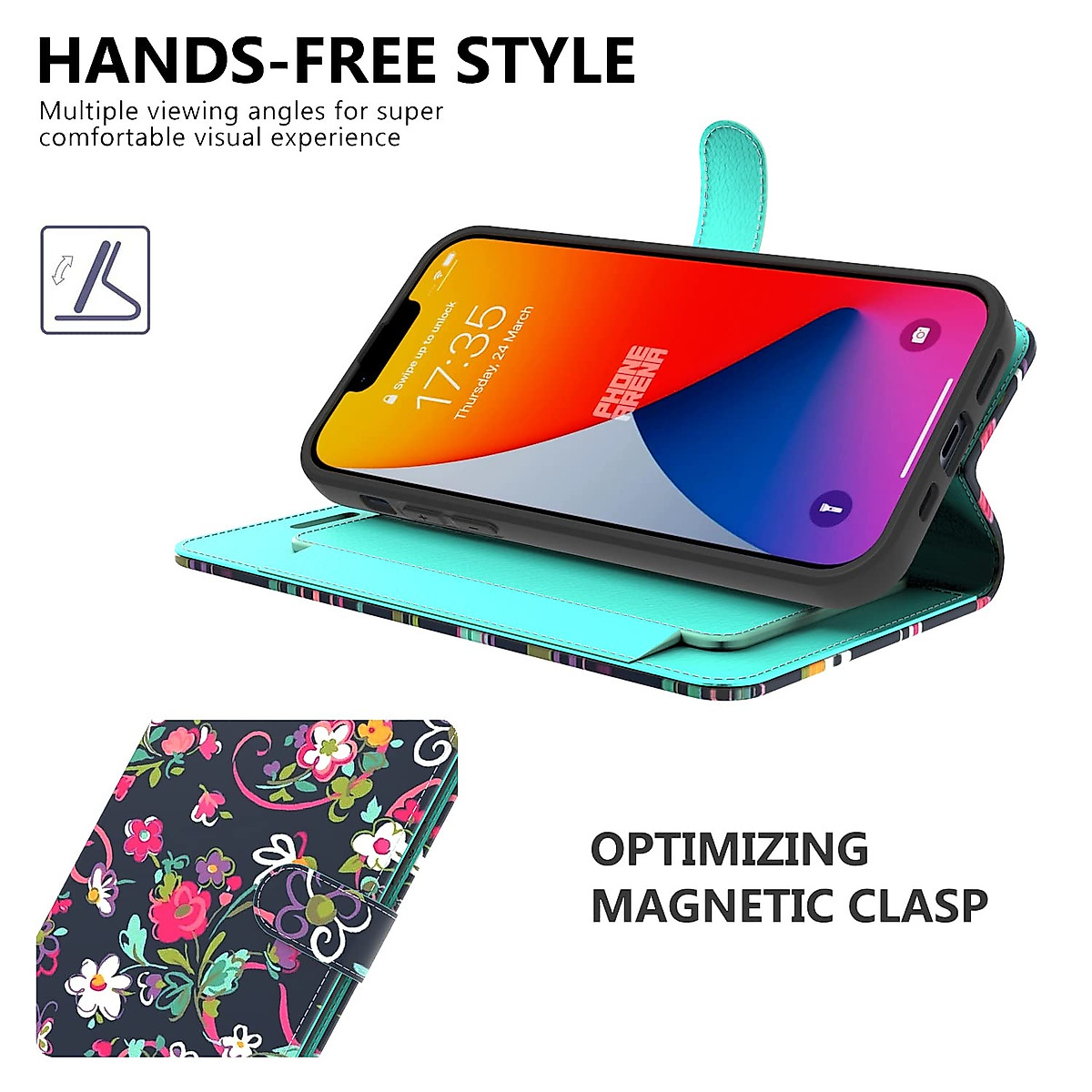 CoverON Pouch Compitable with iPhone 14 Wallet Case for Women, RFID Blocking Flip Folio Stand Vegan Leather Floral Cover Sleeve Card Slot for Apple iPhone 14 6.1 Phone Case - Flower