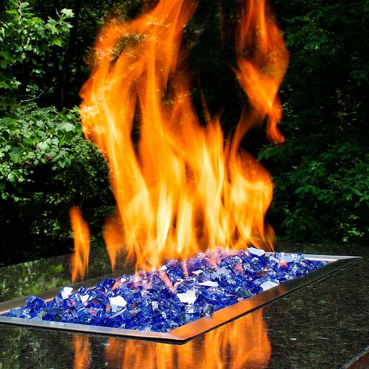 Celestial Fire Glass 48" x 6" Drop-in Burner Pan and 3 Jars of 1/2" Meridian Blue Tempered Fire Glass Bundle